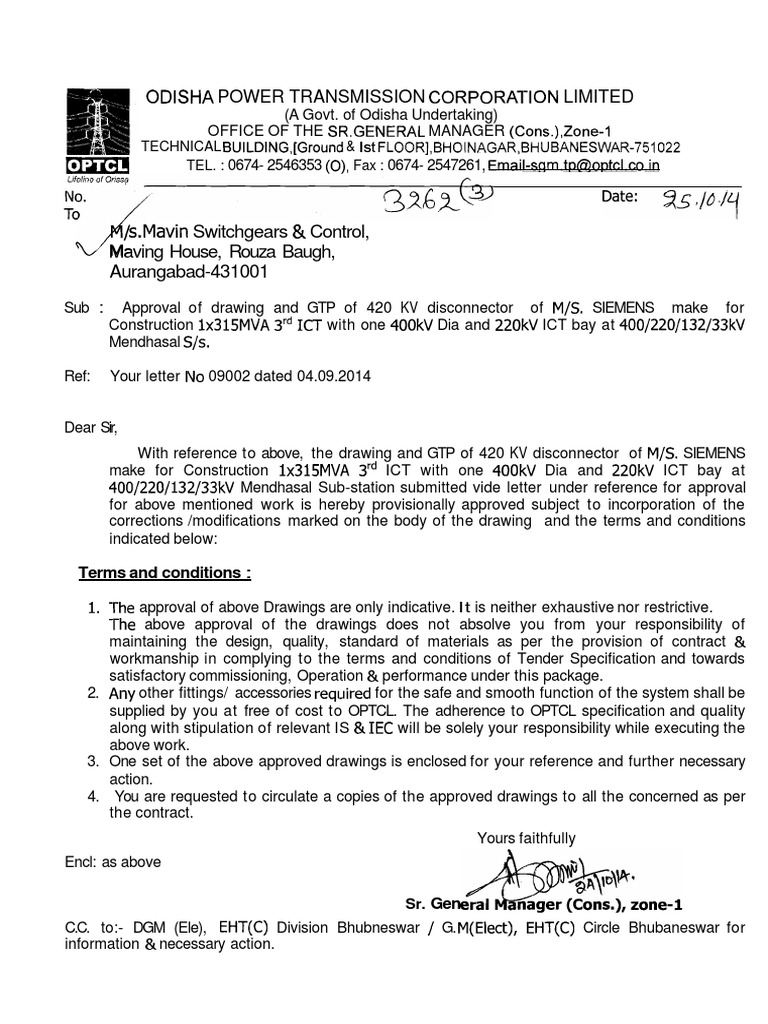 Appoved Letter & Drawing of 400 KV Disconnector of Medhasal | PDF ...