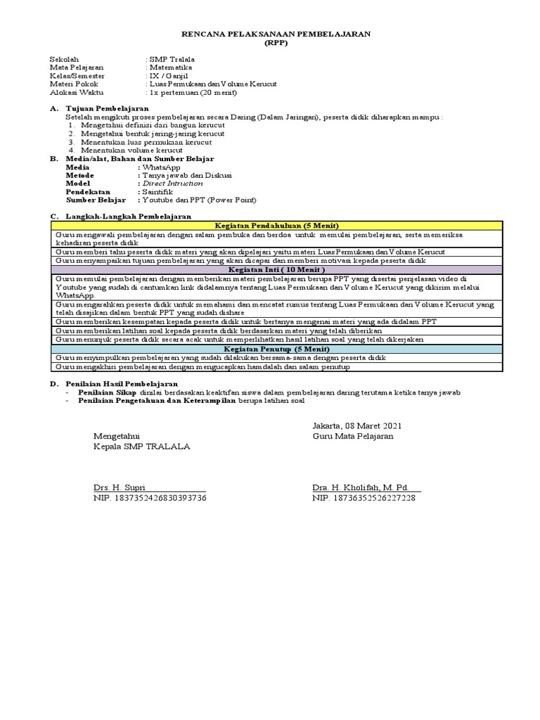 RPP Luas Permukaan Dan Volume Kerucut - KHOLIFAH (18011101) | PDF