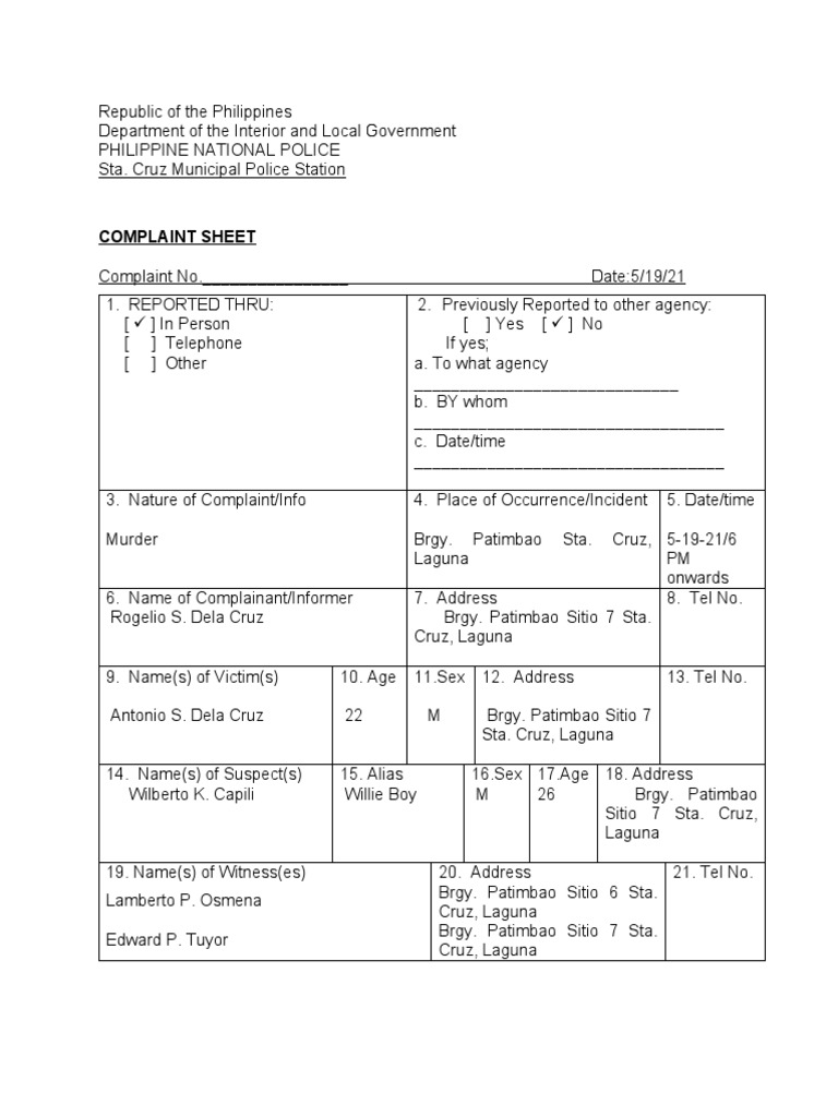 Sample Criminal Complaint Sheet | PDF | Murder | Misconduct