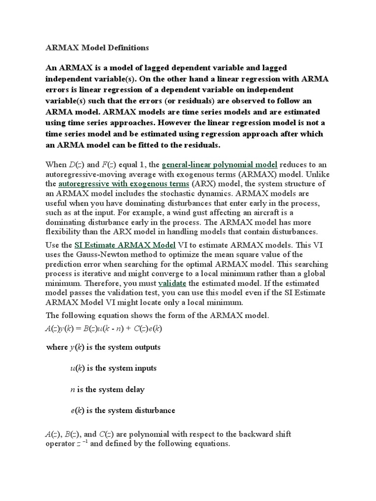 ARMAX Model Definition Guide Under 40 Characters | PDF | Errors And ...