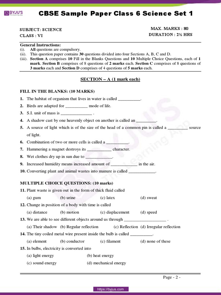 Class 6 Science Question Paper Set 1 | PDF | Incandescent Light Bulb ...
