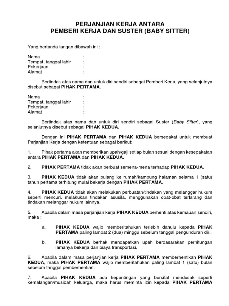 Perjanjian Kerja Suster (Baby Sitter) | PDF