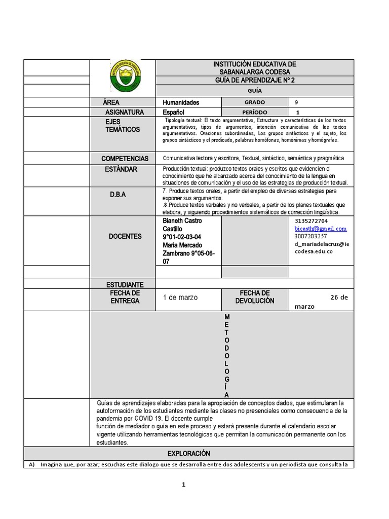 Temas de 9° Guía 2 Lenguaje Bianeth | PDF | Predicado (Gramática) | Verbo