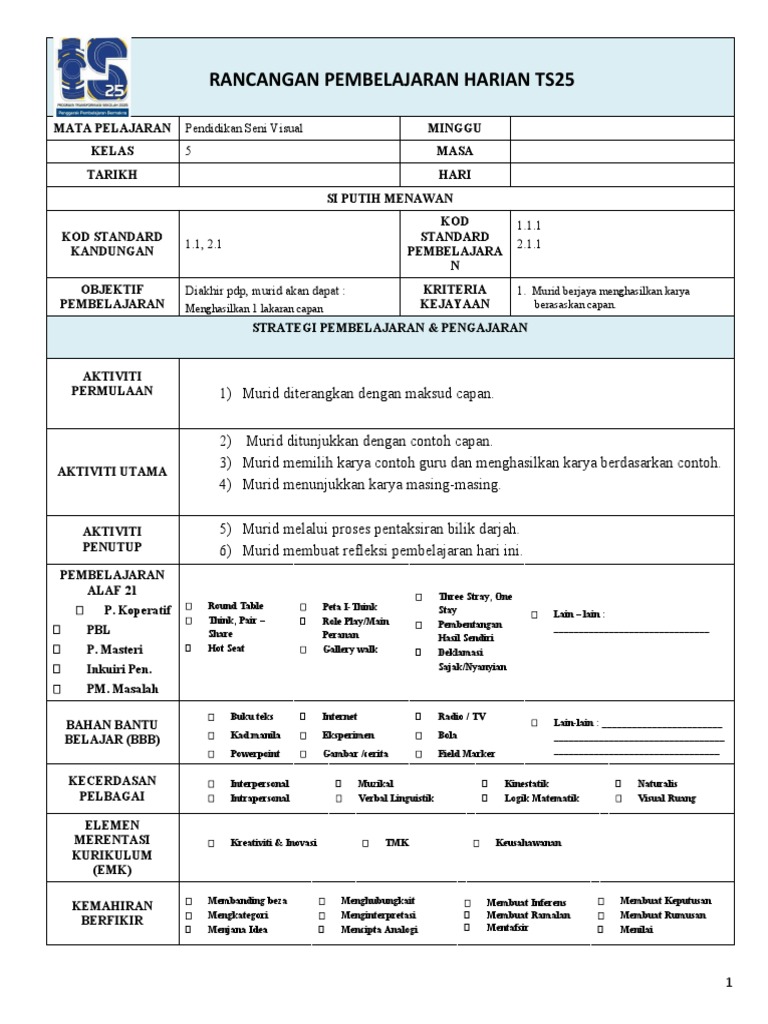 RPH Pend Seni Visual Tahun 5 KSSR Semakan | PDF