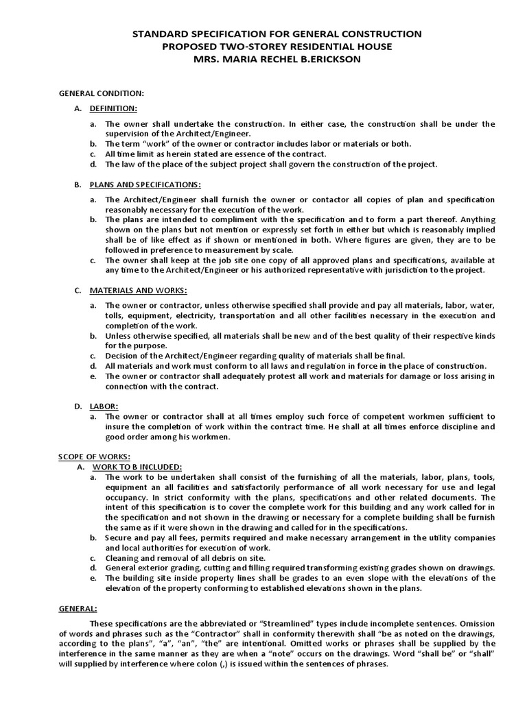 Standard Specification For General Construction Proposed Two-Storey ...