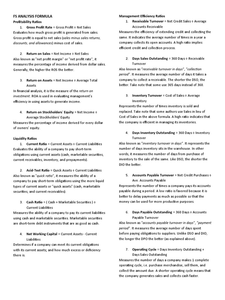 Fs Analysis Formula: Discounts, and Allowances) Minus Cost of Sales ...