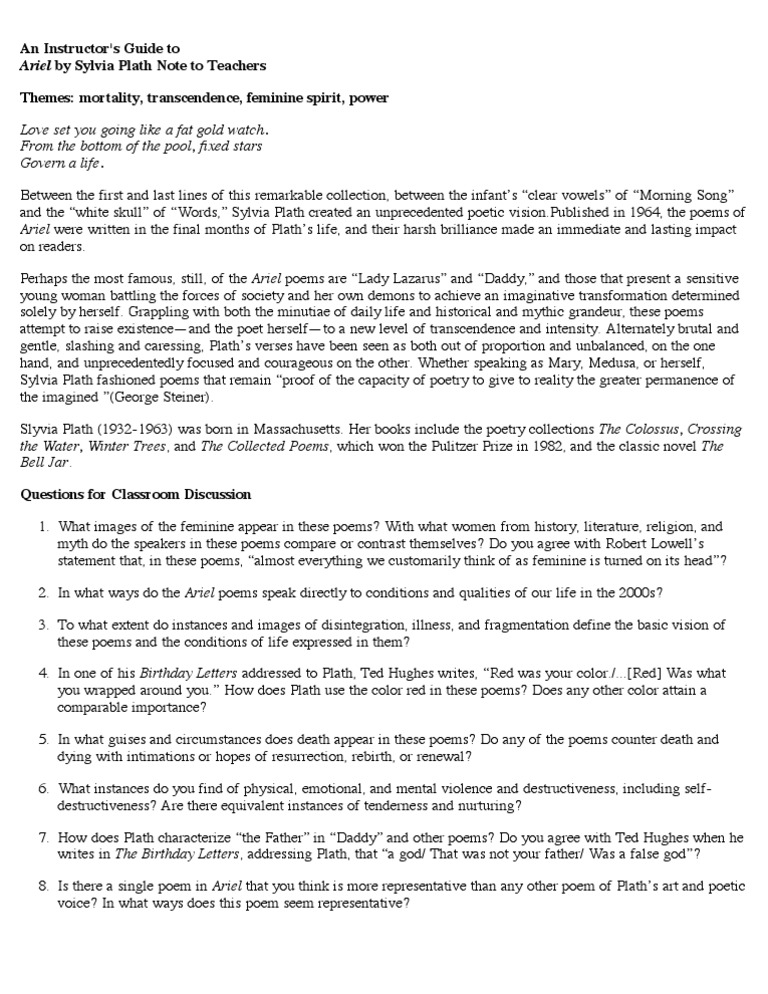 Ariel by Sylvia Plath - Teacher Study Guide | PDF | Sylvia Plath | Poetry