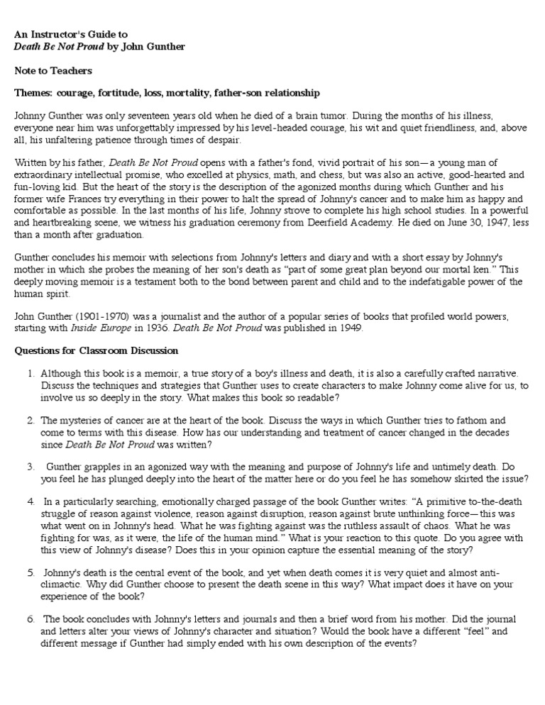 Death Be Not Proud by John Gunther - Teacher Study Guide | PDF | Books
