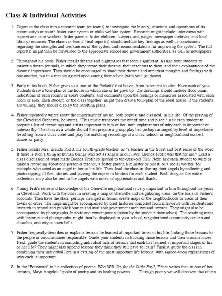 Finding Fish by Antwone Q Fisher - Teacher Study Guide | PDF | Lesson ...