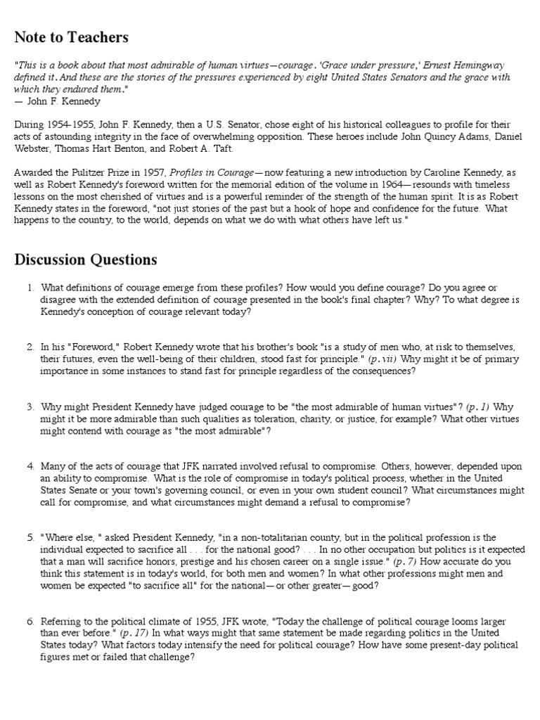 Profiles in Courage by John F. Kennedy - Teacher Study Guide | PDF ...
