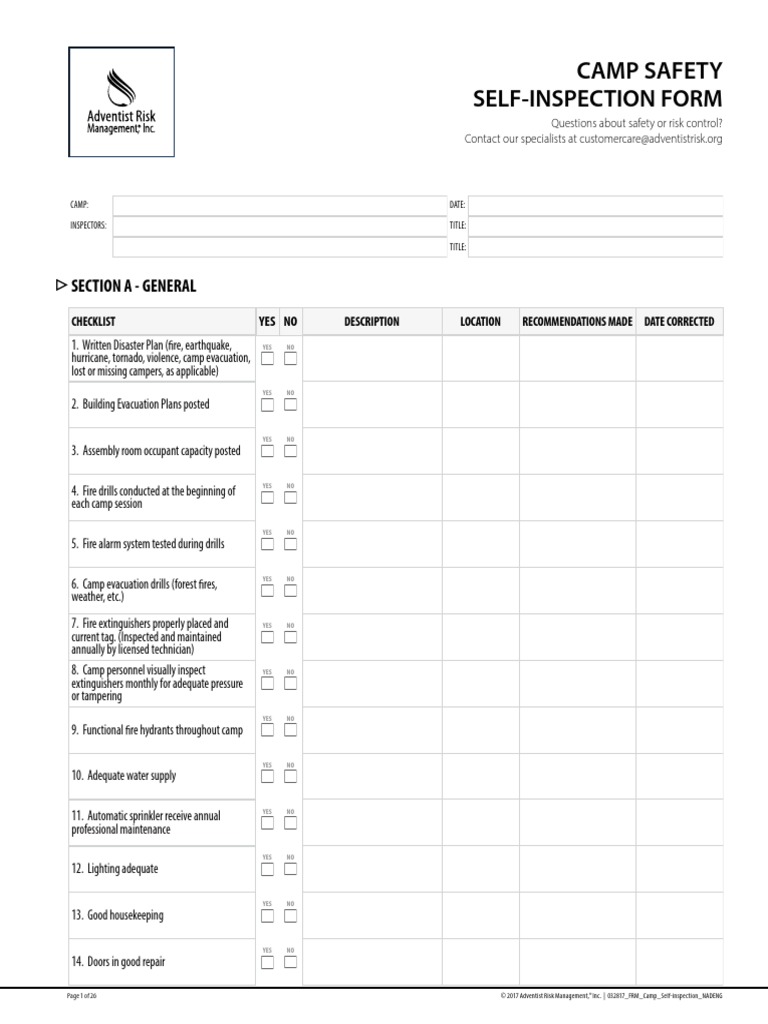 Camp Safety Self-Inspection Form: Section A - General | PDF | Fire ...