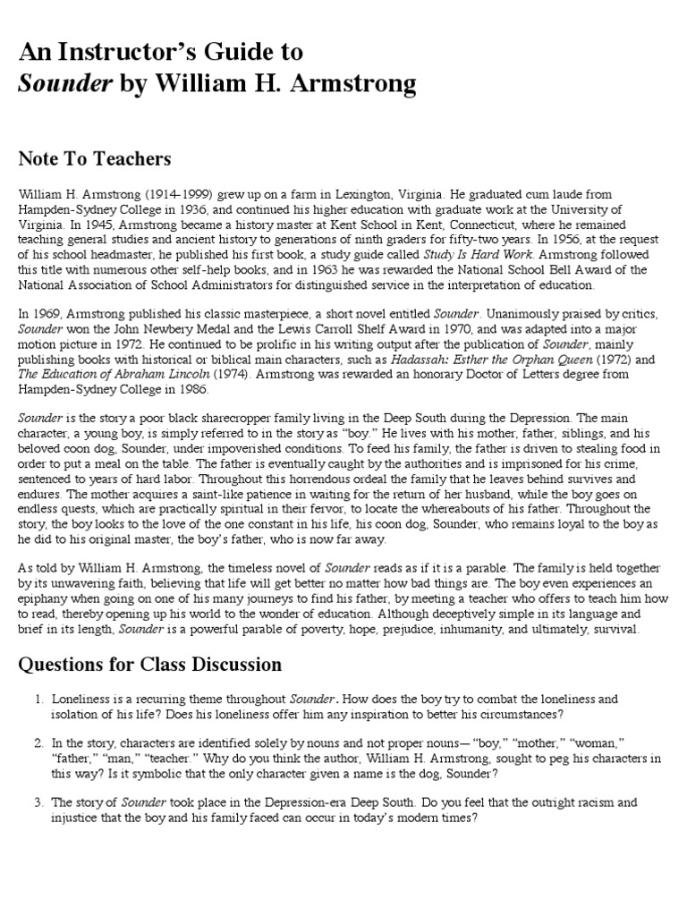 Sounder by William H. Armstrong - Teacher Study Guide | PDF