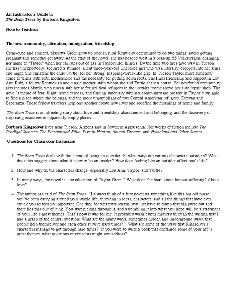 The Bean Trees by Barbara Kingsolver - Teacher Study Guide | PDF