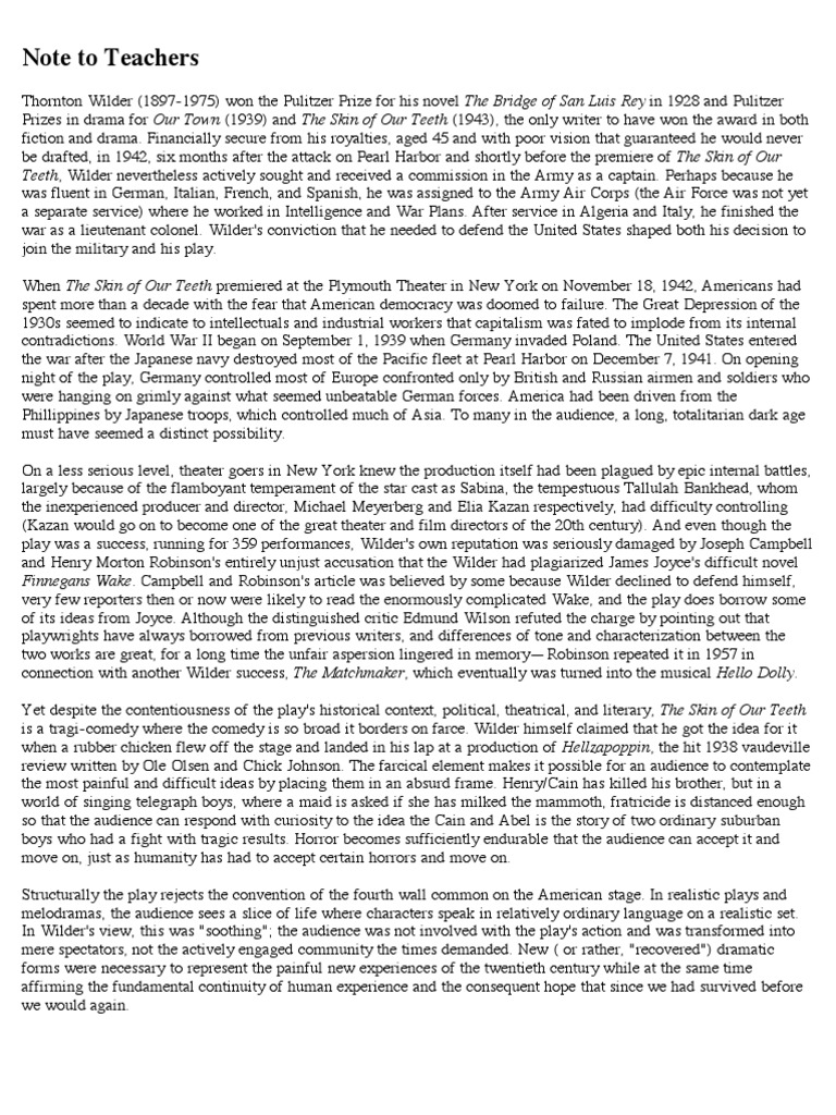 The Skin of Our Teeth by Thornton Wilder - Teacher Study Guide | PDF ...