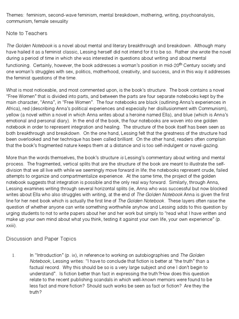 The Golden Notebook - Teacher Study Guide | PDF | Feminism | Gender Studies