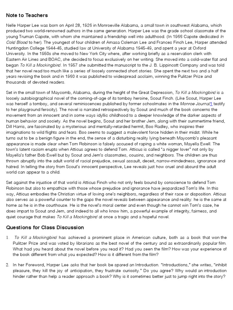 Harper Lee's To Kill a Mockingbird Overview | PDF | To Kill A ...