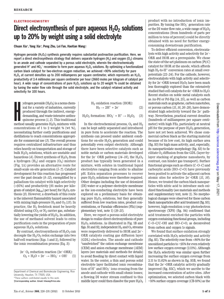 Direct Electrosynthesis of Pure Aqueous H O Solutions Up To 20% by ...