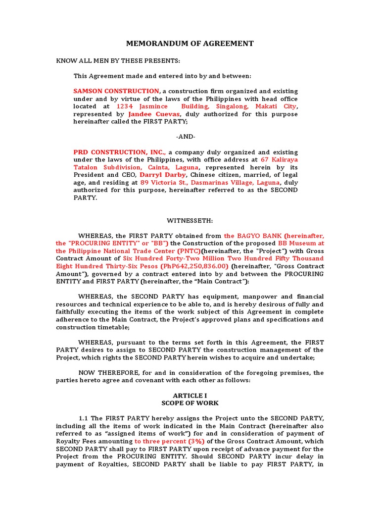 Memorandum of Agreement: Samson Construction | PDF | Surety | Taxes