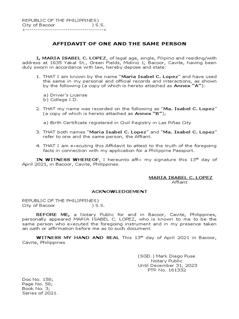 Affidavit of One and The Same Person | PDF