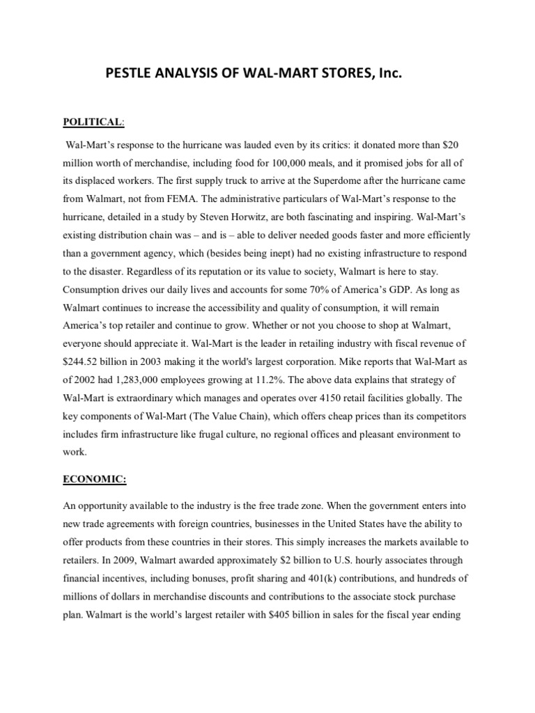 PESTLE ANALYSIS OF WALMART STORES Inc | PDF | Walmart | Retail