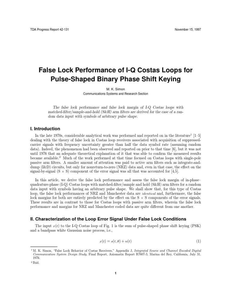 False Lock Performance of I-Q Costas Loops For Pulse-Shaped Binary Phase Shift Keying | Download ...