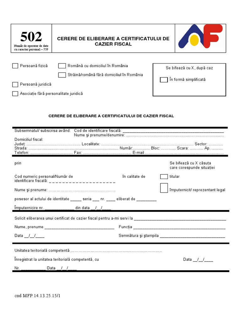 Formular Cerere Eliberare Cazier Fiscal | PDF