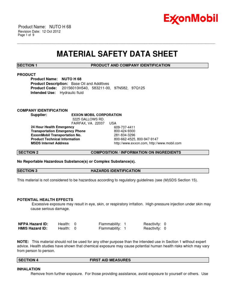 Material Safety Data Sheet: Product Name: NUTO H 68 | PDF ...