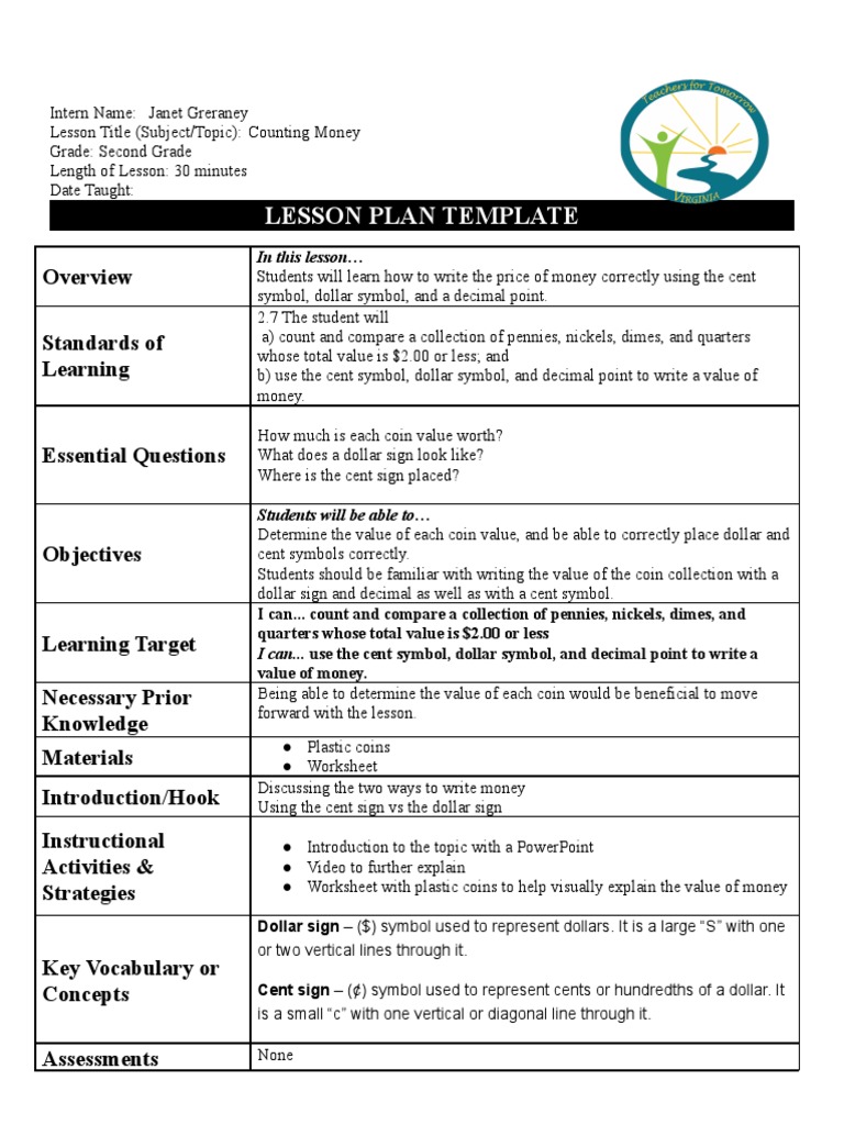 Counting Money Lesson Plan 1 | PDF | Penny (United States Coin ...