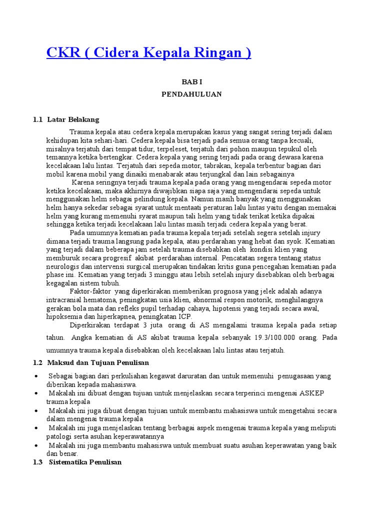 CKR (Cidera Kepala Ringan) : Bab I Pendahuluan | PDF