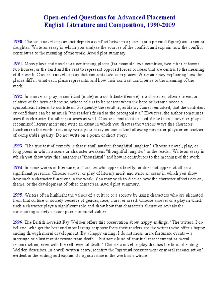 AP Literature Open-Ended Prompts 1990-2009 | PDF | The Awakening ...
