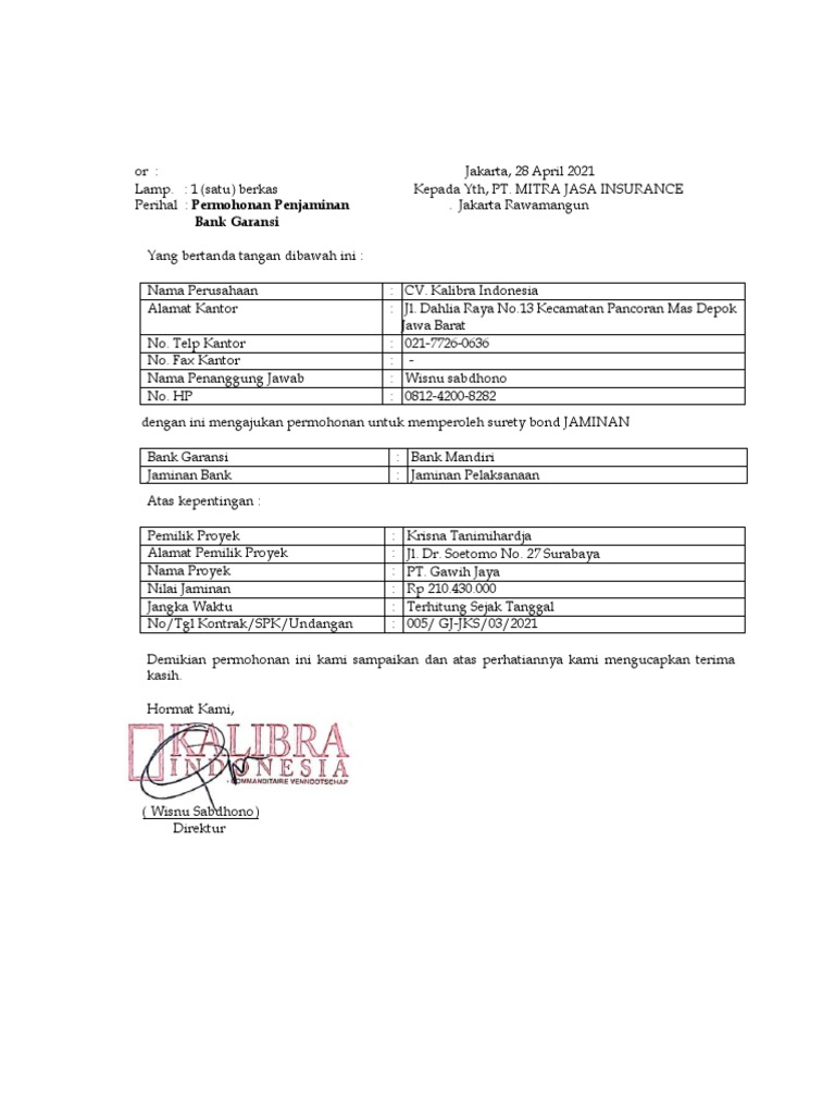 Permohonan Bank Garansi Mandiri | PDF
