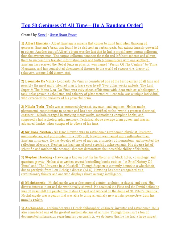 Top 50 Geniuses of All Time | PDF | Teaching Mathematics | Gottfried ...