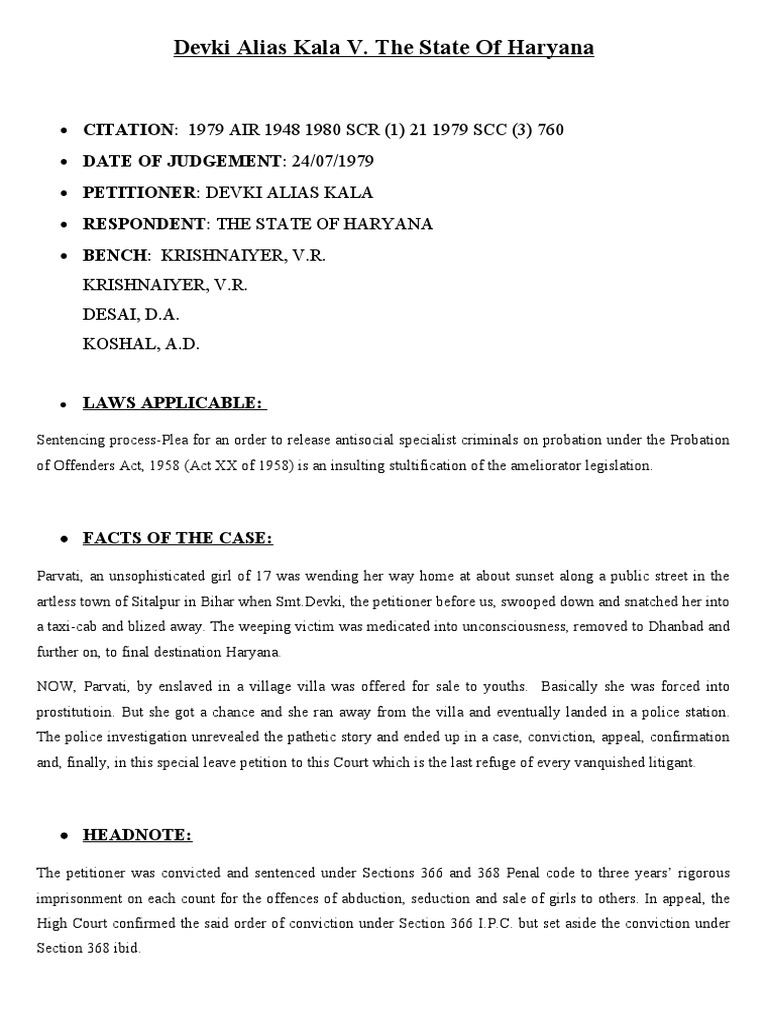 Devki Alas Vs Stat of Haryana | PDF | Sentence (Law) | Probation