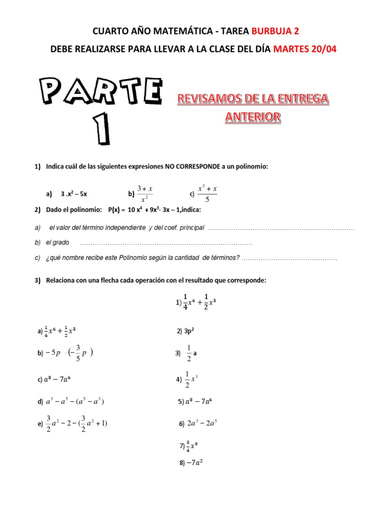 Tarea Ejerc Polinomios Cuadrado y Cubo Binomio Entrega 20-4 | PDF