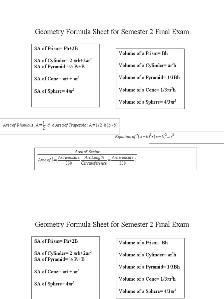 Geometry Formula Sheet For Semester 2 Final Exam | PDF | Teaching ...