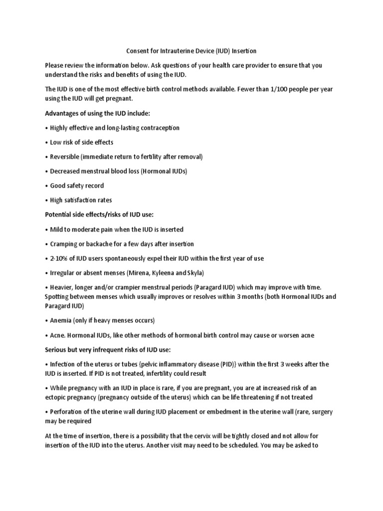 IUD Insertion Consent Form | PDF | Menstruation | Birth Control