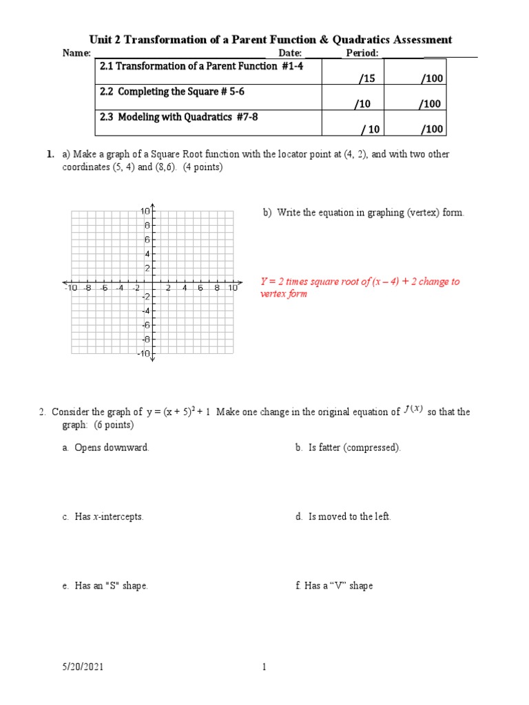Algebra 2 Unit 2 Pre-Test Review Worksheet | PDF | Quadratic Equation ...