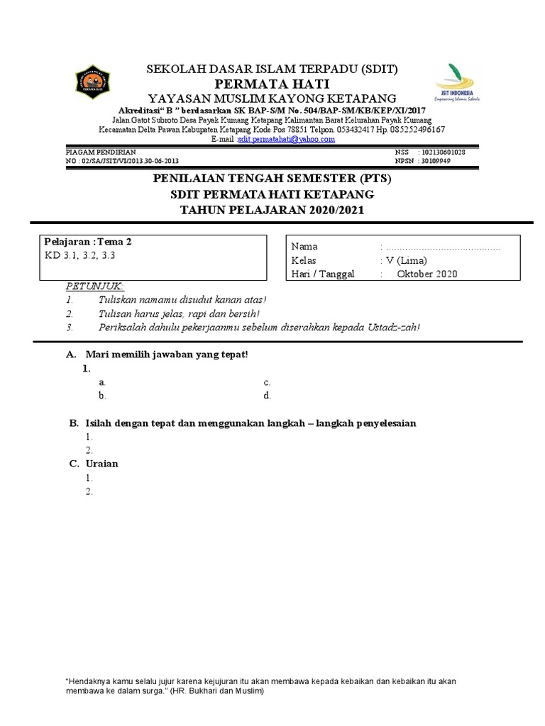 Format Kop Dan Blanko Soal PTS 2020-2021 | PDF