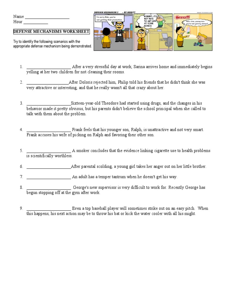 Defense Mechanisms Worksheet | PDF | Human Nature | Psychological Concepts