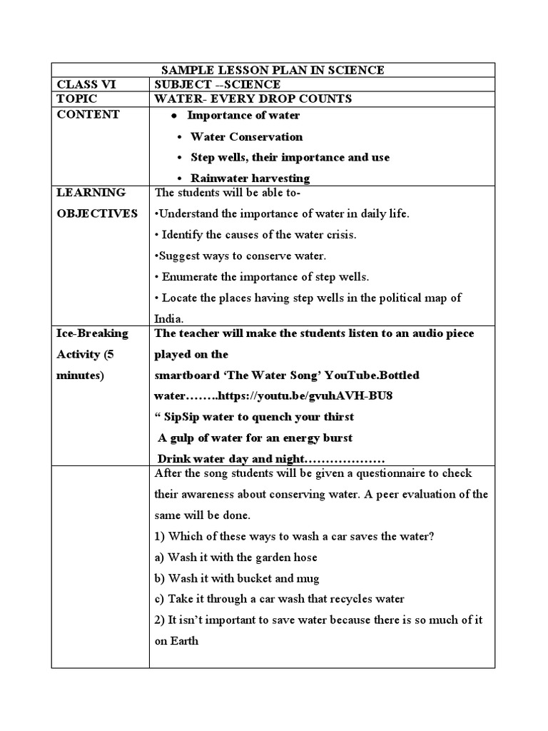 Water Conservation Lesson Plan for Class VI | PDF | Water Conservation ...