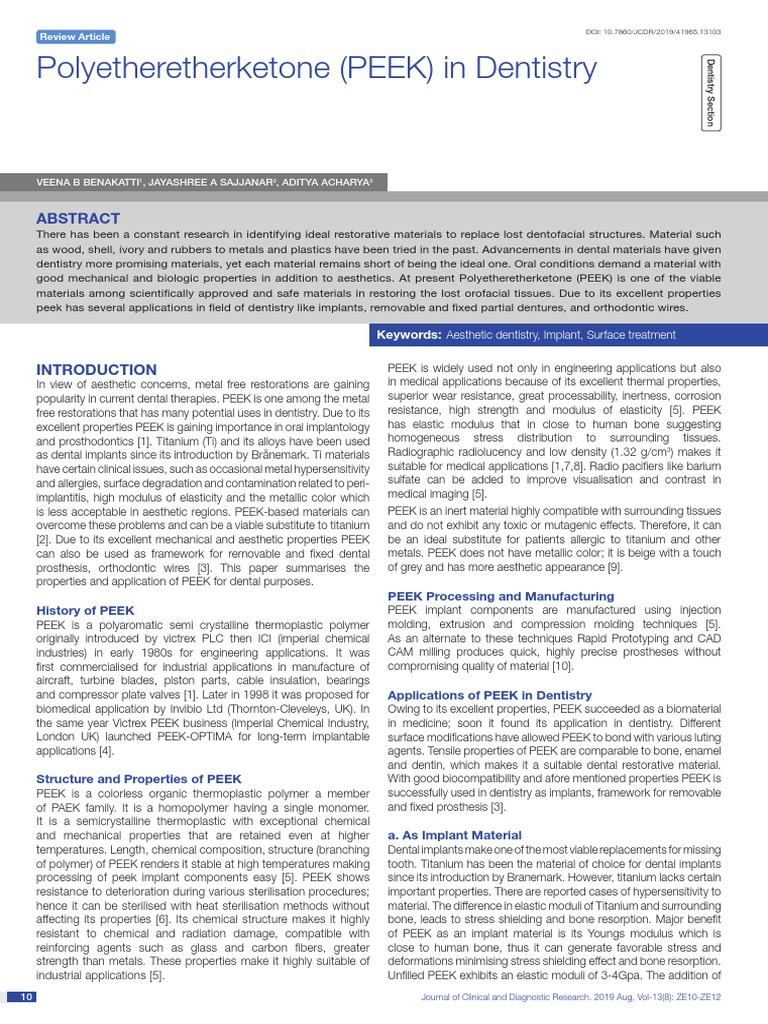 Polyetheretherketone (PEEK) in Dentistry | PDF | Dental Implant ...