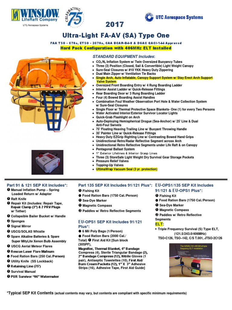 Ultra-Light FA-AV (SA) Life Raft Specs & SEP Kits | PDF | Equipment ...