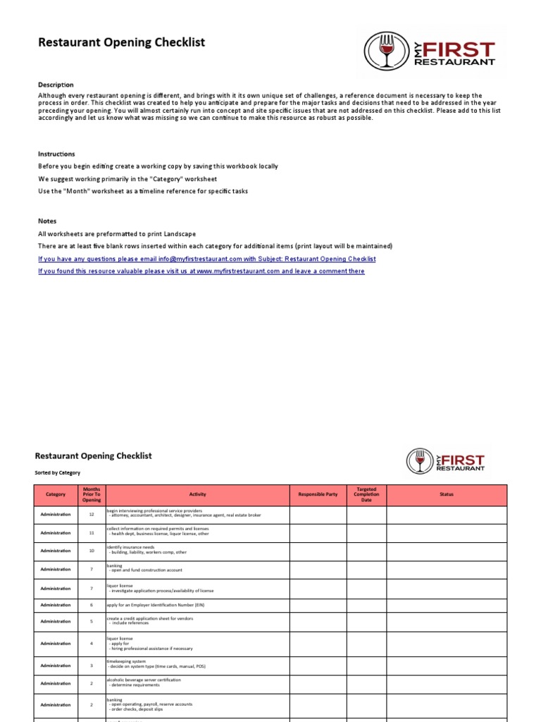 Restaurant Opening Checklist: Description | PDF | Menu | Restaurants