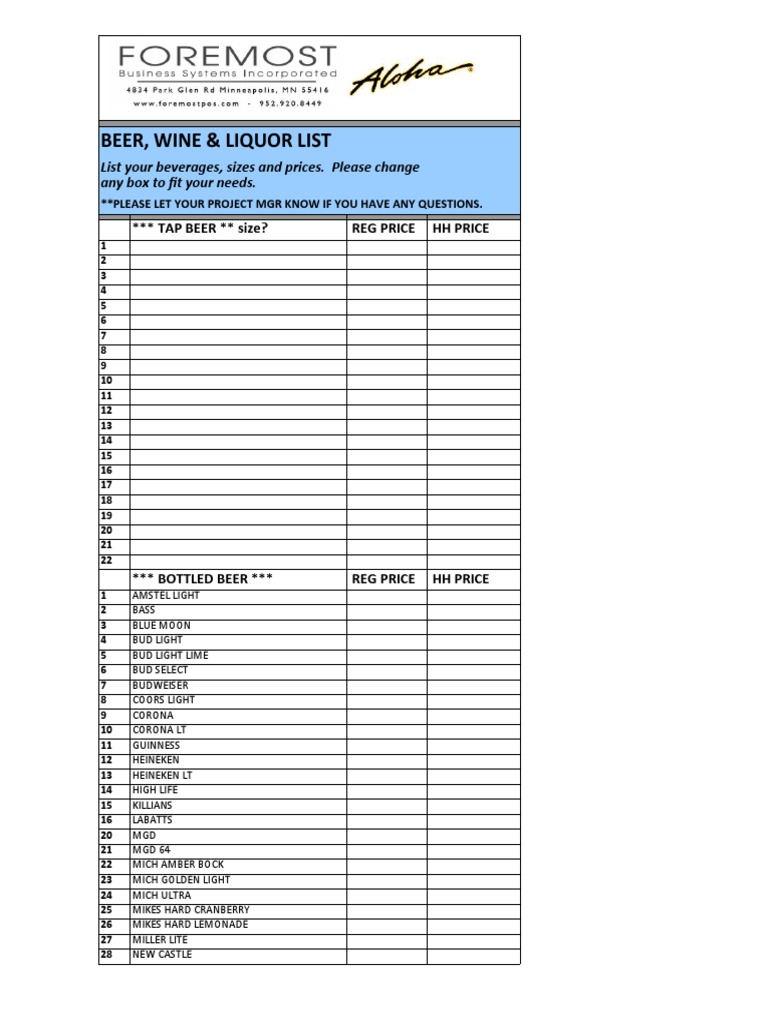 Sample Bar Inventory Template | PDF | Anheuser Busch Brands | Alcoholic ...