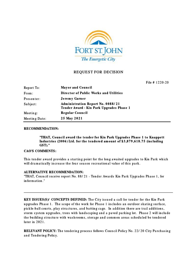 City of Fort St. John - Tender Award - Kin Park Upgrades Phase 1 | PDF ...
