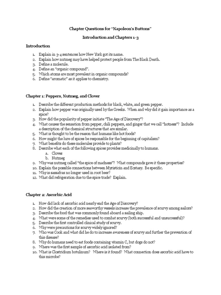 Napoleons Buttons Chapter Questions Intro 1-3 | PDF | Taste | Sucrose