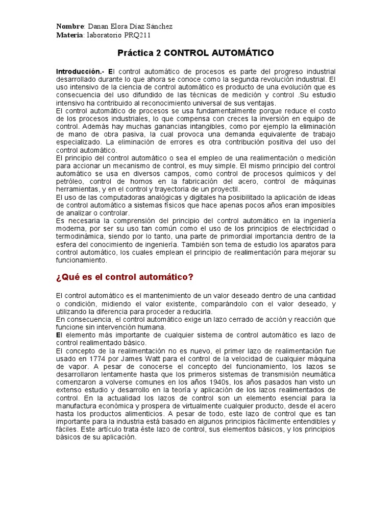 Práctica 2 Control Automático: Nombre: Danan Elora Díaz Sánchez Materia: Laboratorio PRQ211 ...