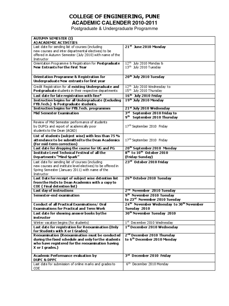 COEP Academic Calendar 2010-2011 | PDF | Academic Term | Undergraduate ...