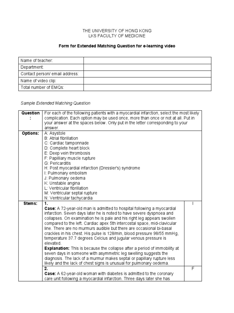 Sample Extended Matching Question | Download Free PDF | Cardiovascular ...