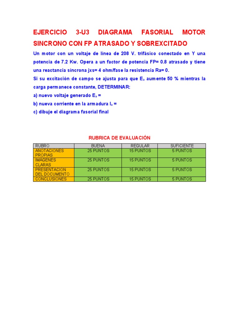 Ejercicio 3-U3 Diagrama Fasorial Motor Sincrono Con FP Atrasado y Sobrexcitado | PDF